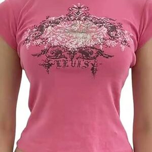 Y2K Crop Tops for Woman Short Sleeve Crew Neck Baby Tees Vintage Acanthus Print T-Shirt A Pink