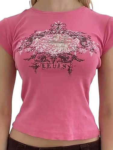 Y2K Crop Tops for Woman Short Sleeve Crew Neck Baby Tees Vintage Acanthus Print T-Shirt A Pink