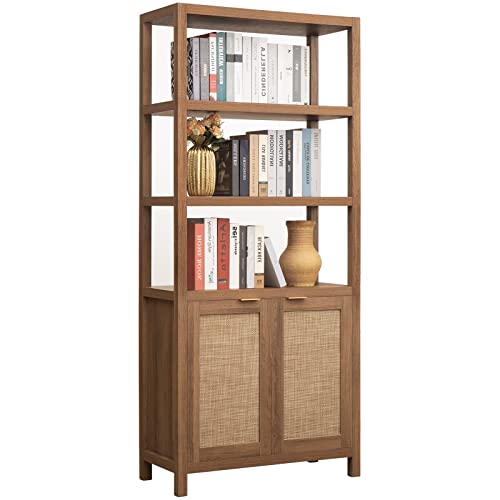 SICOTAS Bookshelf 5 Tier Book Shelf Rattan Boho Tall Bookcase with Doors Storage Wood Shelves Large Bookshelves Farmhouse Bookcases Library Book Case for Living Room Bedroom Home Office Kitchen (Oak)