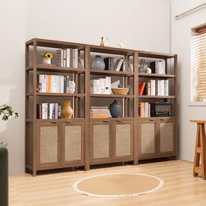 SICOTAS Bookshelf 5 Tier Book Shelf Rattan Boho Tall Bookcase with Doors Storage Wood Shelves Large Bookshelves Farmhouse Bookcases Library Book Case for Living Room Bedroom Home Office Kitchen (Oak)