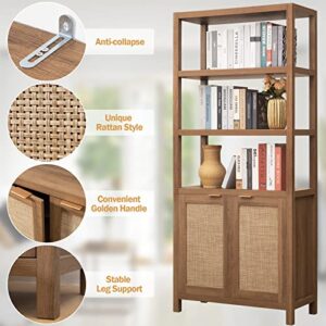 SICOTAS Bookshelf 5 Tier Book Shelf Rattan Boho Tall Bookcase with Doors Storage Wood Shelves Large Bookshelves Farmhouse Bookcases Library Book Case for Living Room Bedroom Home Office Kitchen (Oak)