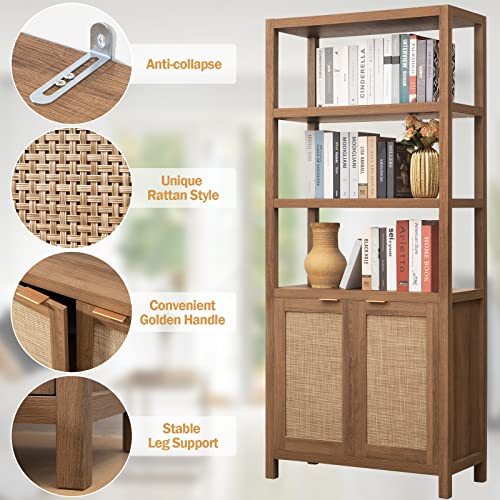 SICOTAS Bookshelf 5 Tier Book Shelf Rattan Boho Tall Bookcase with Doors Storage Wood Shelves Large Bookshelves Farmhouse Bookcases Library Book Case for Living Room Bedroom Home Office Kitchen (Oak)