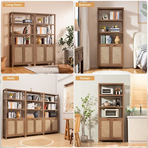 SICOTAS Bookshelf 5 Tier Book Shelf Rattan Boho Tall Bookcase with Doors Storage Wood Shelves Large Bookshelves Farmhouse Bookcases Library Book Case for Living Room Bedroom Home Office Kitchen (Oak)