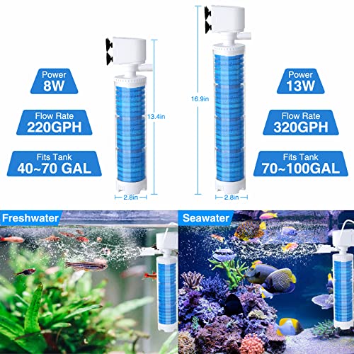 fishkeeper Submersible Aquarium Filter for 40-100 Gal, 3-in-1 Biochemical Sponge Filter for Aquarium Filtration/Oxygenation/Circulation, Up to 320 GPH Adjustable Internal Fish Tank Filter (8W/13W)