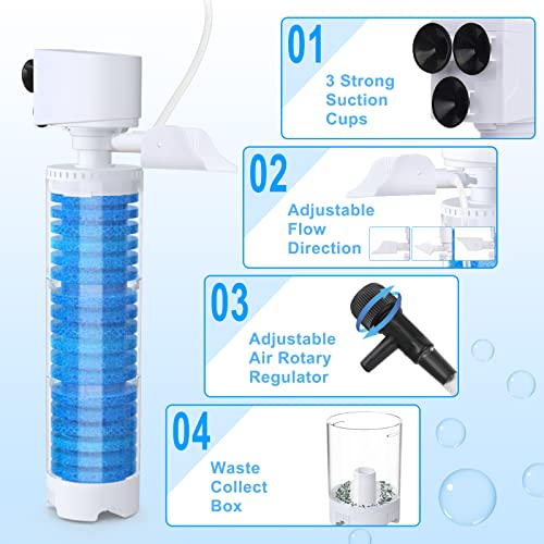 fishkeeper Submersible Aquarium Filter for 40-100 Gal, 3-in-1 Biochemical Sponge Filter for Aquarium Filtration/Oxygenation/Circulation, Up to 320 GPH Adjustable Internal Fish Tank Filter (8W/13W)