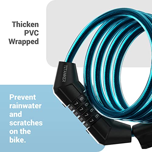 Titanker Bike Lock Cable, 4 Feet Bike Cable Lock Basic Self Coiling Kids Bike Lock Combination with Complimentary Mounting Bracket, 5/16 Inch Diameter (4FT, Blue-8mm)