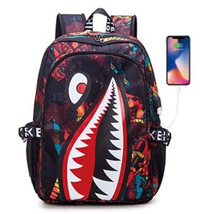 apxqz kids backpack shark bookbags boys schoolbag laptop backpack with usb lightweight water resistant（orange red）