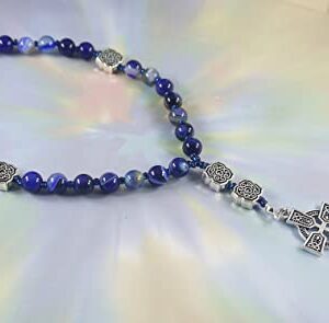 Kit Johnson Designs Anglican Rosary Beads, Blue Striped Agate Beads, Celtic Cross, Prayer Bag, Instruction Booklet