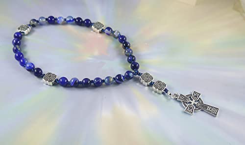 Kit Johnson Designs Anglican Rosary Beads, Blue Striped Agate Beads, Celtic Cross, Prayer Bag, Instruction Booklet