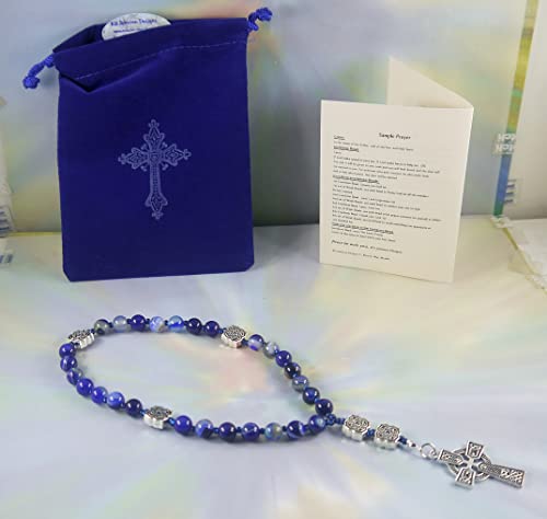 Kit Johnson Designs Anglican Rosary Beads, Blue Striped Agate Beads, Celtic Cross, Prayer Bag, Instruction Booklet