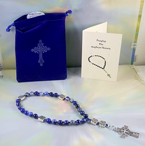 Kit Johnson Designs Anglican Rosary Beads, Blue Striped Agate Beads, Celtic Cross, Prayer Bag, Instruction Booklet