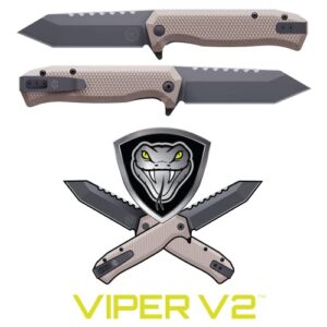 Off-Grid Knives - Viper V2 with154CM Steel Tanto Blade, Grippy G10 Scales, Left or Right Deep Carry Clip, Ceramic Ball Bearings (Coyote)