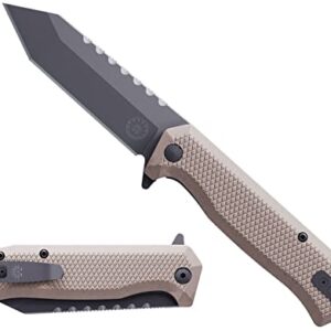 Off-Grid Knives - Viper V2 with154CM Steel Tanto Blade, Grippy G10 Scales, Left or Right Deep Carry Clip, Ceramic Ball Bearings (Coyote)