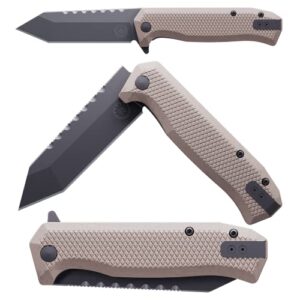 Off-Grid Knives - Viper V2 with154CM Steel Tanto Blade, Grippy G10 Scales, Left or Right Deep Carry Clip, Ceramic Ball Bearings (Coyote)