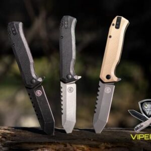 Off-Grid Knives - Viper V2 with154CM Steel Tanto Blade, Grippy G10 Scales, Left or Right Deep Carry Clip, Ceramic Ball Bearings (Coyote)