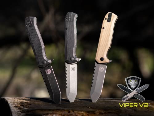 Off-Grid Knives - Viper V2 with154CM Steel Tanto Blade, Grippy G10 Scales, Left or Right Deep Carry Clip, Ceramic Ball Bearings (Coyote)