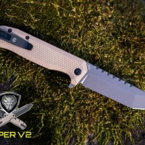 Off-Grid Knives - Viper V2 with154CM Steel Tanto Blade, Grippy G10 Scales, Left or Right Deep Carry Clip, Ceramic Ball Bearings (Coyote)