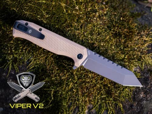 Off-Grid Knives - Viper V2 with154CM Steel Tanto Blade, Grippy G10 Scales, Left or Right Deep Carry Clip, Ceramic Ball Bearings (Coyote)