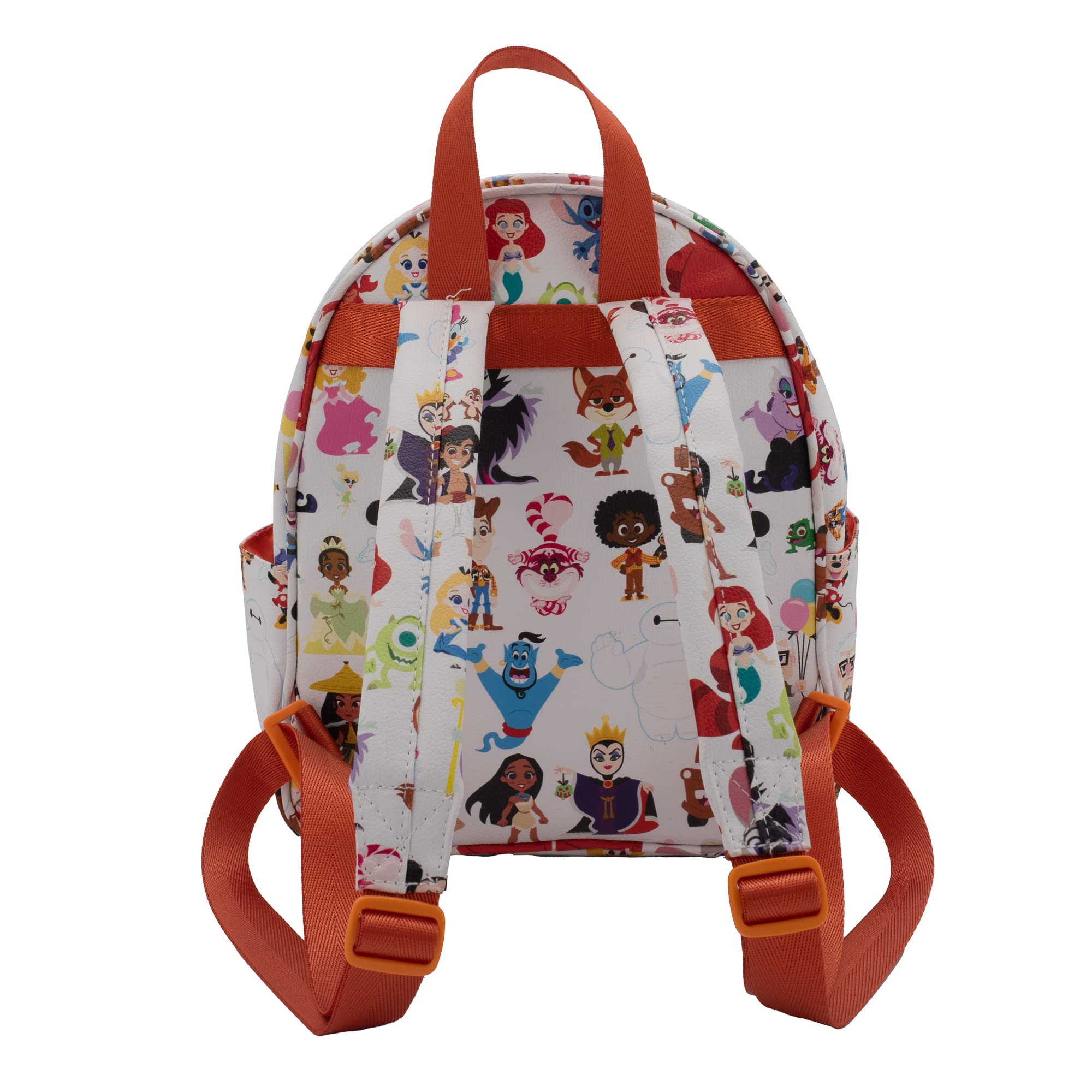 Disney 100 Mini Backpack Purse with Multi Character Allover Print & Molded Metal Logo Charm, 10.5 Inch, Adjustable Straps, Faux Leather