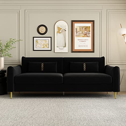 Spaco 85'' Loveseat Sofa Couch,Black Velvet Sofa with Golden Metal Leg and Removable Cushion,Sleeper Sofa Bed with 2 Pillows for Apartment,Living Room (Black)