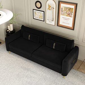 Spaco 85'' Loveseat Sofa Couch,Black Velvet Sofa with Golden Metal Leg and Removable Cushion,Sleeper Sofa Bed with 2 Pillows for Apartment,Living Room (Black)