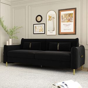 Spaco 85'' Loveseat Sofa Couch,Black Velvet Sofa with Golden Metal Leg and Removable Cushion,Sleeper Sofa Bed with 2 Pillows for Apartment,Living Room (Black)