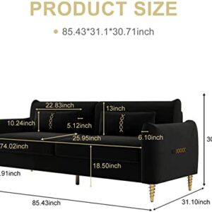 Spaco 85'' Loveseat Sofa Couch,Black Velvet Sofa with Golden Metal Leg and Removable Cushion,Sleeper Sofa Bed with 2 Pillows for Apartment,Living Room (Black)