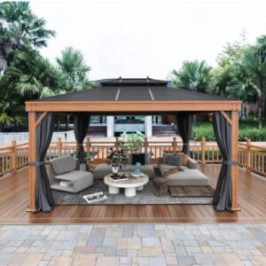 yoleny 12' x 14' hardtop gazebo faux wood grain metal gazebo with aluminum frame, galvanized steel double roof, outdoor patio gazebo pergolas with netting and curtains for backyard, patio, lawns