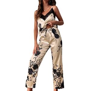 GORGLITTER Women's Silk Satin Pajamas Loungewear Two-Piece Sleepwear Lace Floral Pj Set Black and Beige Large