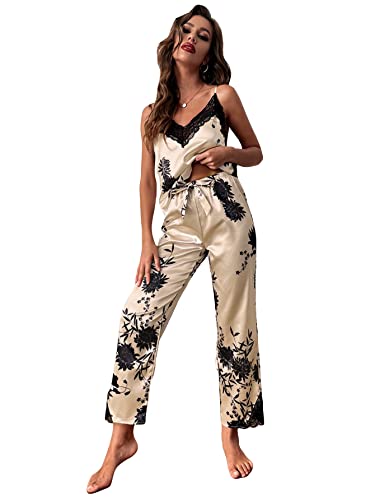 GORGLITTER Women's Silk Satin Pajamas Loungewear Two-Piece Sleepwear Lace Floral Pj Set Black and Beige Large