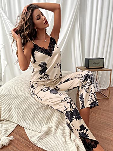 GORGLITTER Women's Silk Satin Pajamas Loungewear Two-Piece Sleepwear Lace Floral Pj Set Black and Beige Large