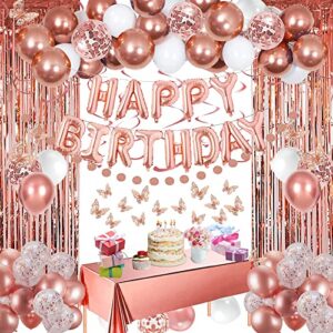 rose gold happy birthday party decorations for women girls, happy birthday banner for her, fringe curtains, foil tablecloth, confetti balloons, butterfly decor for 13th 16th 18th 21st 30th 40th 50th