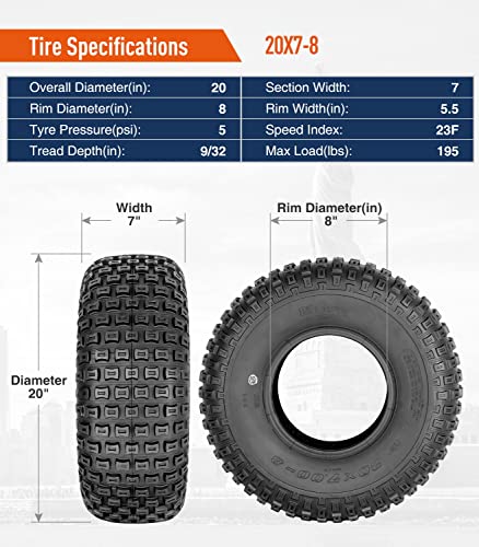 HALBERD 20x7-8 ATV Tires, Sport Quad 20x7x8 All Terrain Tires 20x7x8 UTV ATV Tires 4PR Fits 8’’ Rims, Tubeless, Set of 2