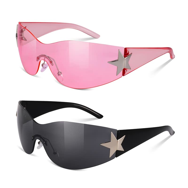 loraleo 2 Pairs Y2K Sunglasses for Women Men, Trendy Shield Wrap Around Sun Glasses, Rimless Star Sunglasses, Oversized Frameless Glasses Shades