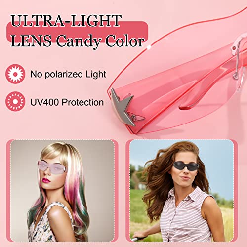 loraleo 2 Pairs Y2K Sunglasses for Women Men, Trendy Shield Wrap Around Sun Glasses, Rimless Star Sunglasses, Oversized Frameless Glasses Shades