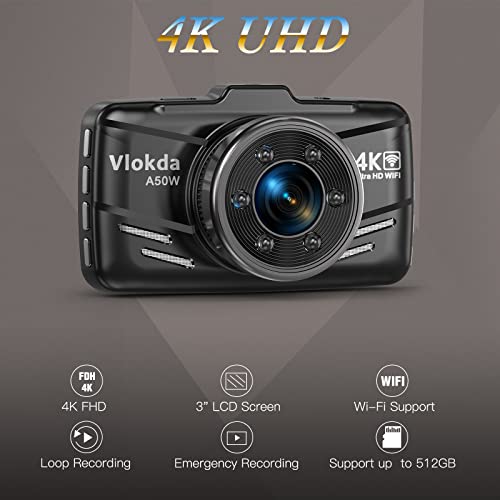 Dash Cam 4K, Dash Camera for Cars 2160P Dash Cam Front Car Camera with WiFi/App Dash Cam for Trucks Dashcams with Super Night Vision, Loop Recording, 24 Hours Parking Mode, G-Sensor, Support 512GB Max