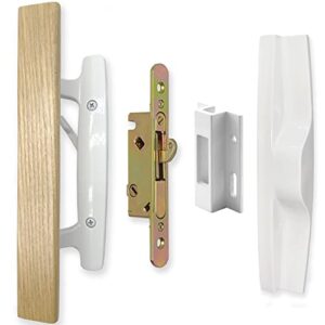 allywasai sliding patio door handle set with mortise lock, face plate and keeper, wood handle lock set fits door thickness from 1-1/2" to 1-3/4", 3-15/16" screw hole spacing, non-keyed, white