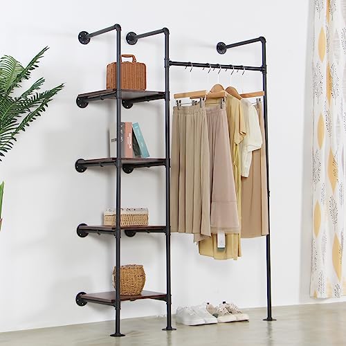 EDCB Industrial Pipe Clothing Rack with Shelves, 71inch Wall Mounted Closet Storage Rack,Hanging Clothes Retail Display Rack, Garment Racks with Shelves Closet Rods System