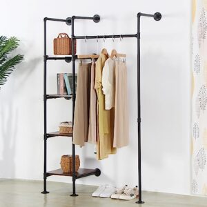 EDCB Industrial Pipe Clothing Rack with Shelves, 71inch Wall Mounted Closet Storage Rack,Hanging Clothes Retail Display Rack, Garment Racks with Shelves Closet Rods System