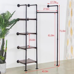 EDCB Industrial Pipe Clothing Rack with Shelves, 71inch Wall Mounted Closet Storage Rack,Hanging Clothes Retail Display Rack, Garment Racks with Shelves Closet Rods System