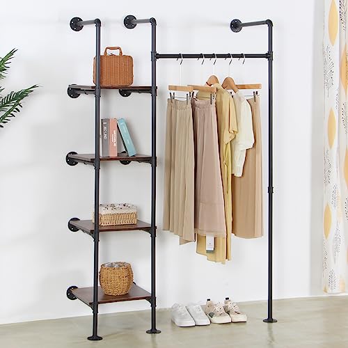 EDCB Industrial Pipe Clothing Rack with Shelves, 71inch Wall Mounted Closet Storage Rack,Hanging Clothes Retail Display Rack, Garment Racks with Shelves Closet Rods System