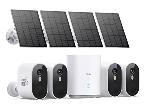 AOSU Solar Security Cameras Wireless Outdoor, 2K QHD Battery Powered Home Security System, 4 Cameras Kit with 166° Ultra-Wide View, Forever Power, Spotlight Camera, 32G Local Storage, No Monthly Fee