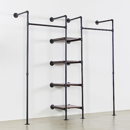 EDCB Wall Mounted Industrial Pipe Heavy Duty Clothes Rack, Clothing Rods for Hanging Clothes, Freestanding Clothing Rack with 2 Hang Rods & 4 Shelves, 72.8" W x 17.7" D x 71" H