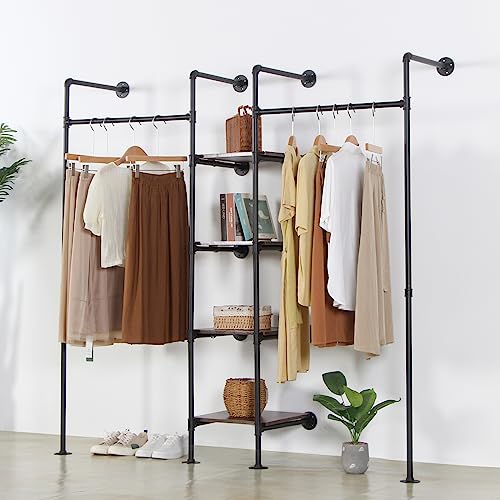 EDCB Wall Mounted Industrial Pipe Heavy Duty Clothes Rack, Clothing Rods for Hanging Clothes, Freestanding Clothing Rack with 2 Hang Rods & 4 Shelves, 72.8" W x 17.7" D x 71" H