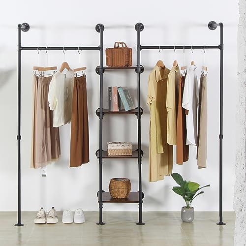 EDCB Wall Mounted Industrial Pipe Heavy Duty Clothes Rack, Clothing Rods for Hanging Clothes, Freestanding Clothing Rack with 2 Hang Rods & 4 Shelves, 72.8" W x 17.7" D x 71" H