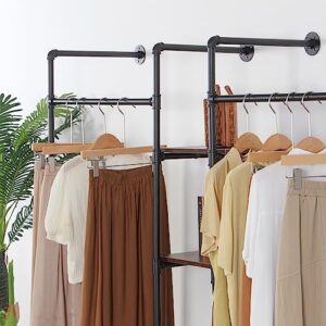 EDCB Wall Mounted Industrial Pipe Heavy Duty Clothes Rack, Clothing Rods for Hanging Clothes, Freestanding Clothing Rack with 2 Hang Rods & 4 Shelves, 72.8" W x 17.7" D x 71" H