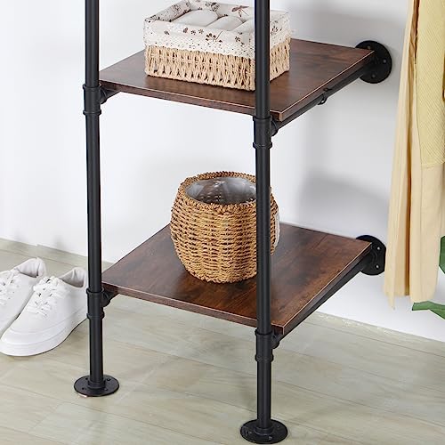 EDCB Wall Mounted Industrial Pipe Heavy Duty Clothes Rack, Clothing Rods for Hanging Clothes, Freestanding Clothing Rack with 2 Hang Rods & 4 Shelves, 72.8" W x 17.7" D x 71" H