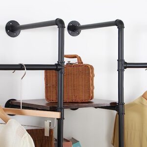 EDCB Wall Mounted Industrial Pipe Heavy Duty Clothes Rack, Clothing Rods for Hanging Clothes, Freestanding Clothing Rack with 2 Hang Rods & 4 Shelves, 72.8" W x 17.7" D x 71" H