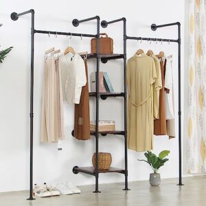 EDCB Wall Mounted Industrial Pipe Heavy Duty Clothes Rack, Clothing Rods for Hanging Clothes, Freestanding Clothing Rack with 2 Hang Rods & 4 Shelves, 72.8" W x 17.7" D x 71" H