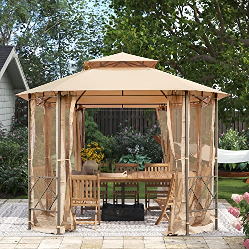 YOLENY 12'x10' Patio Canopy,Gazebo with Mesh Curtains and Safety Bars, Waterproof Double Roof Tops, for Garden, Backyard,Parties, Deck, Khaki